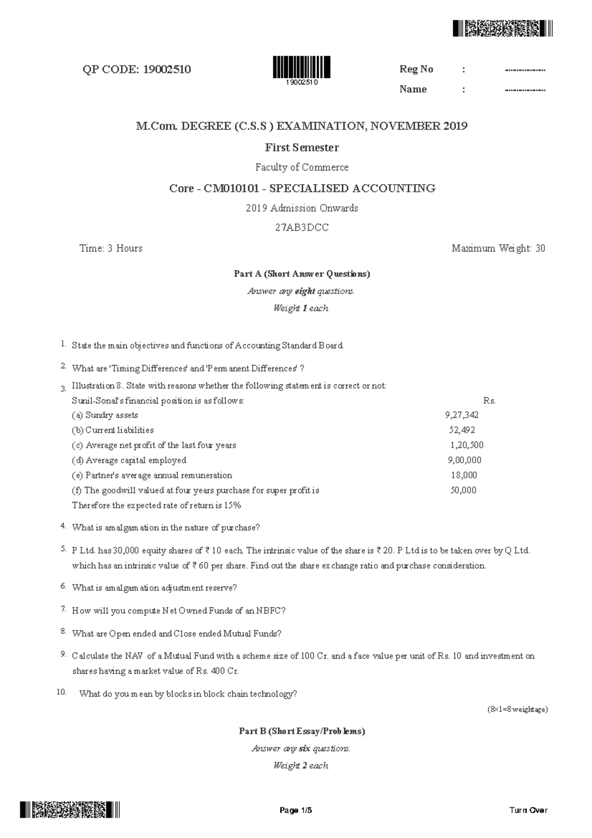 Specialised Accounting 2019 min - QP CODE: 19002510 Reg No : ..................... Name : - Studocu