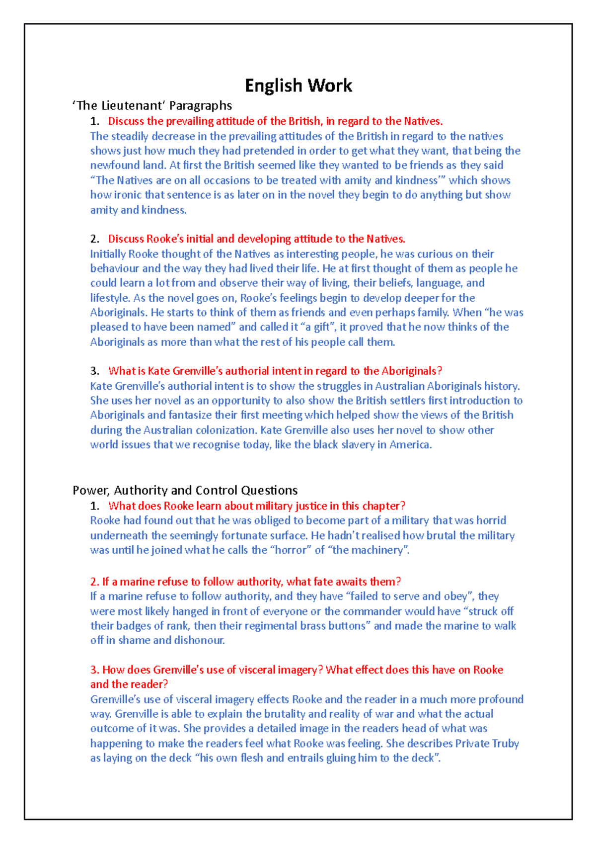 The Lieutenant Questions - English Work ‘The Lieutenant’ Paragraphs ...