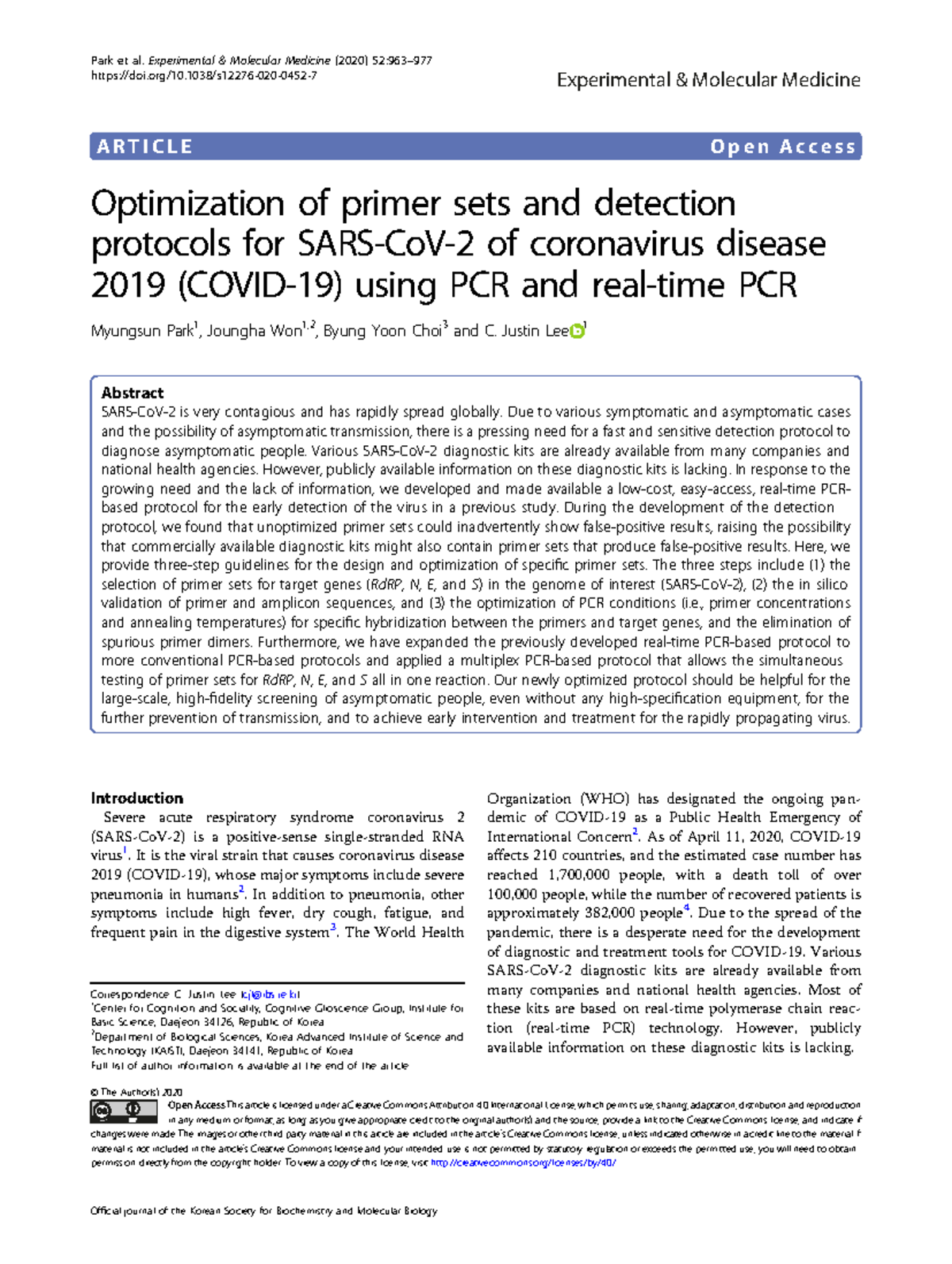 Paper 1 PCR Park et al 2020 covid - doi/10.1038/s12276-020-0452-7 ...