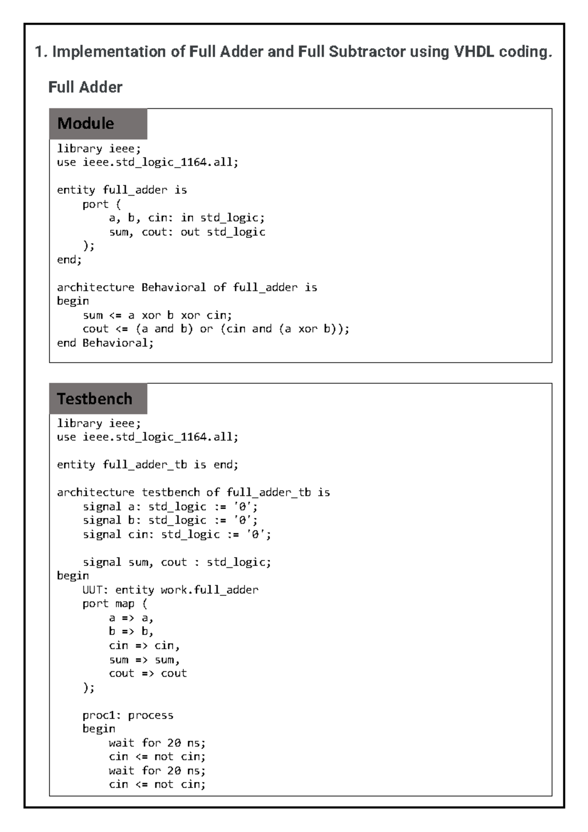 PCA1 - Computer Architecture Lab - 1. Implementation of Full Adder and Full Subtractor using ...
