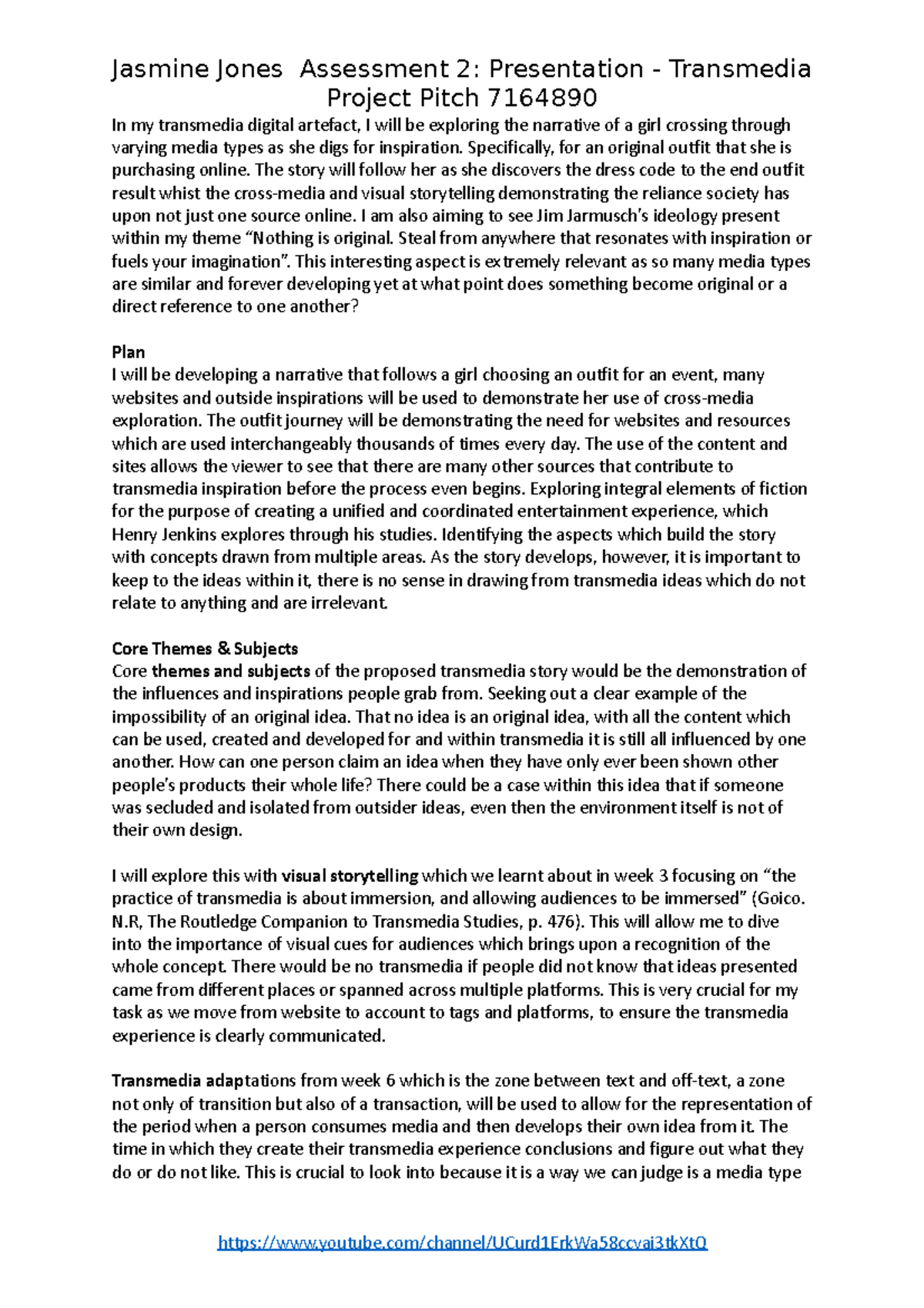 Pitch script - Jasmine Jones Assessment 2: Presentation - Transmedia ...