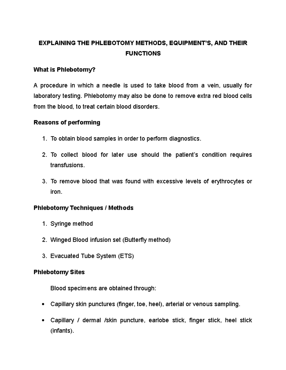 Explaining THE Phlebotomy Methods - EXPLAINING THE PHLEBOTOMY METHODS ...