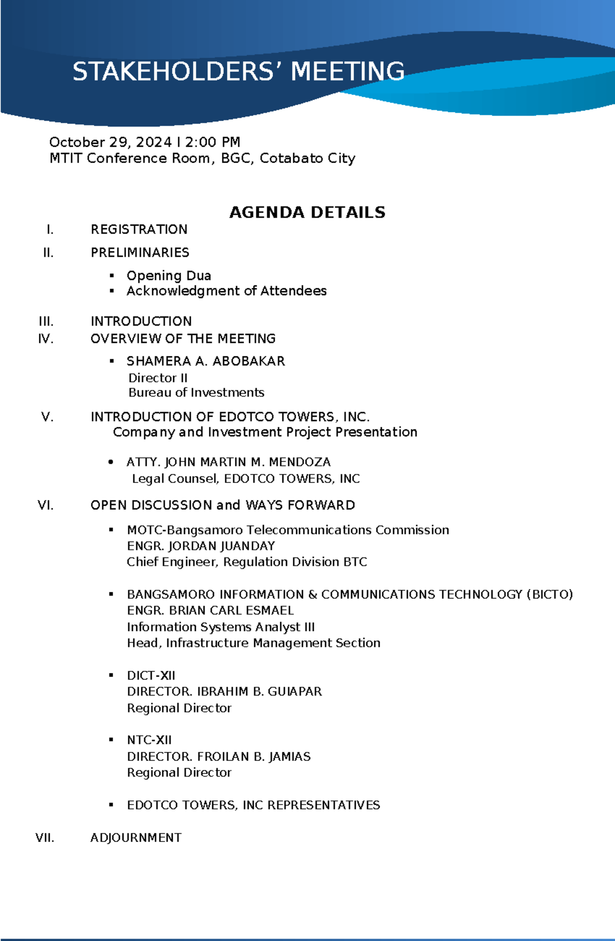 Stakeholder Meeting - STAKEHOLDERS’ MEETING AGENDA DETAILS I ...