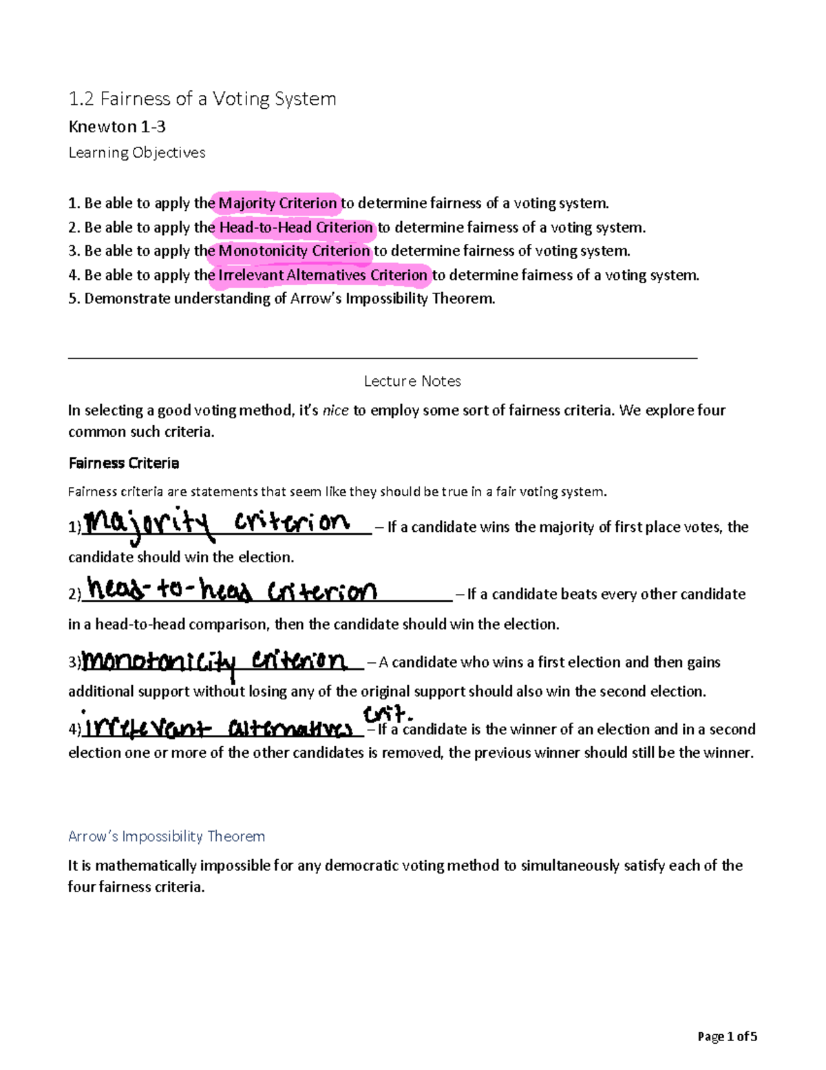 1580 Module 1.2 Student Notes - 1 Fairness of a Voting System Knewton 1 ...