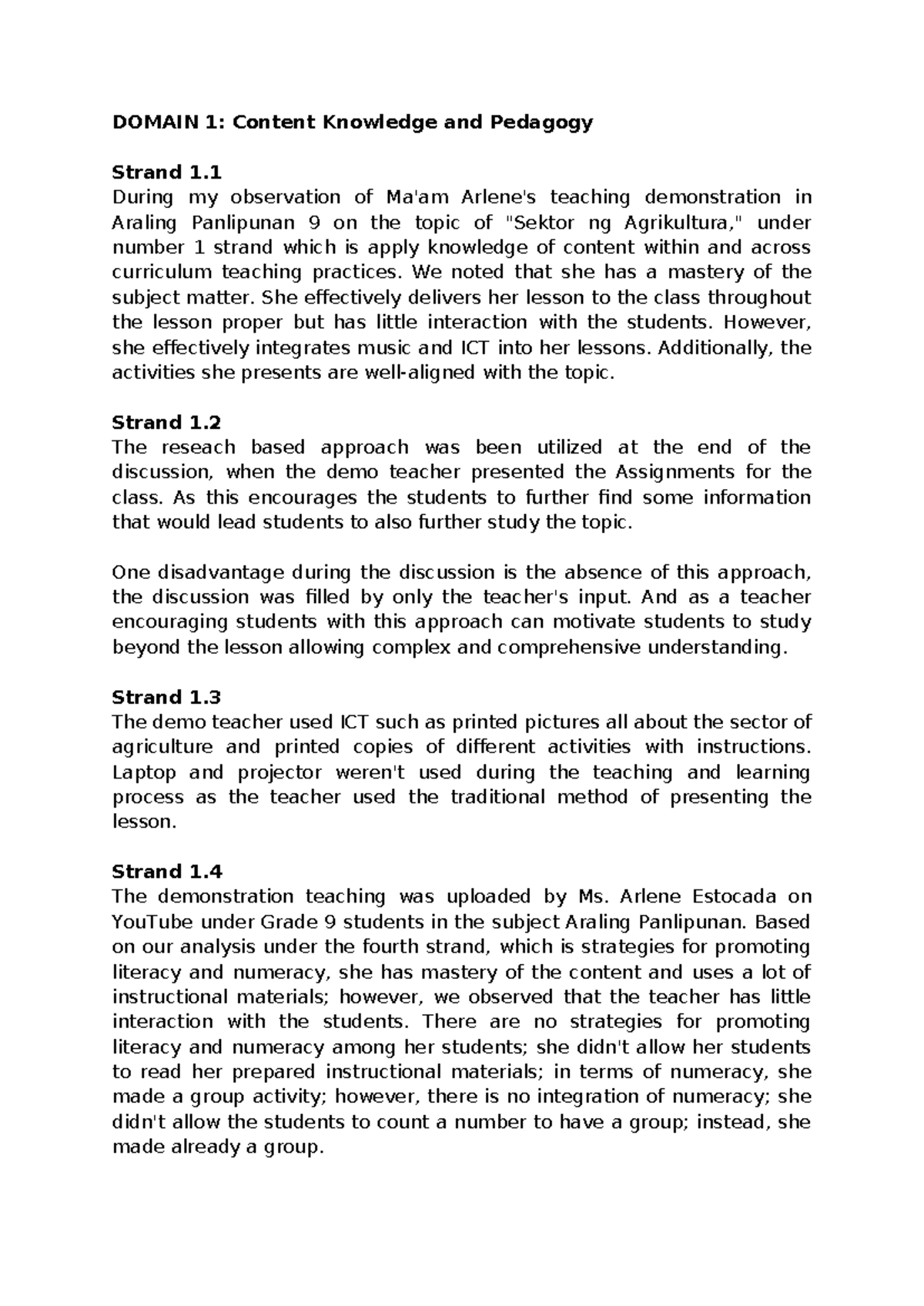 FS 1 Group Activity - DOMAIN 1: Content Knowledge and Pedagogy Strand 1 ...