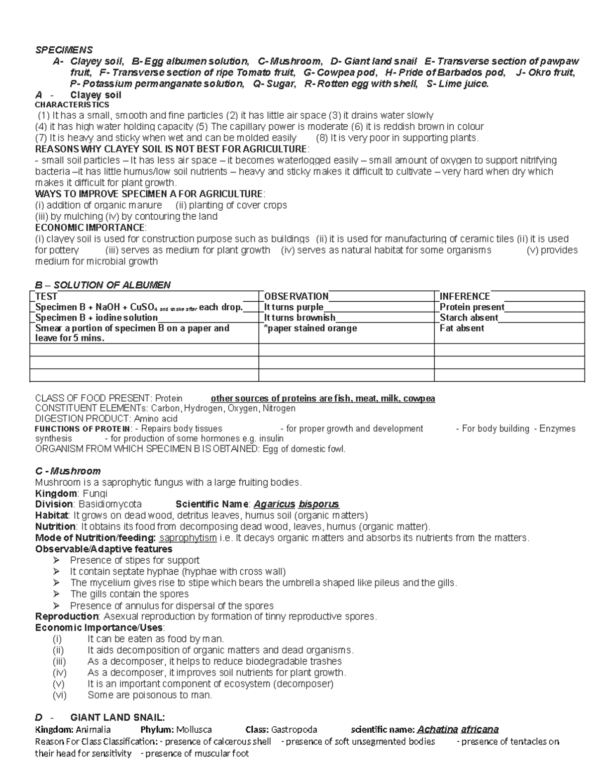 WAEC Practicals 2020 - Weac 2020 - SPECIMENS A- Clayey soil, B- Egg ...