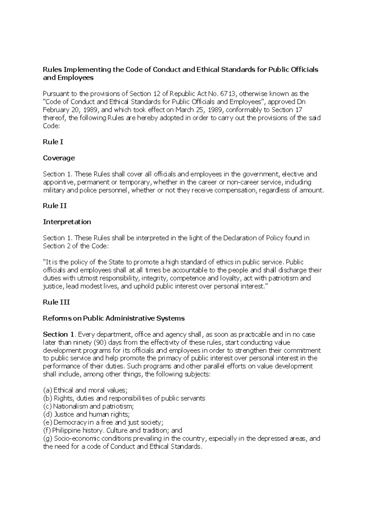 Code of Conduct RA6713 - CSE - - Studocu