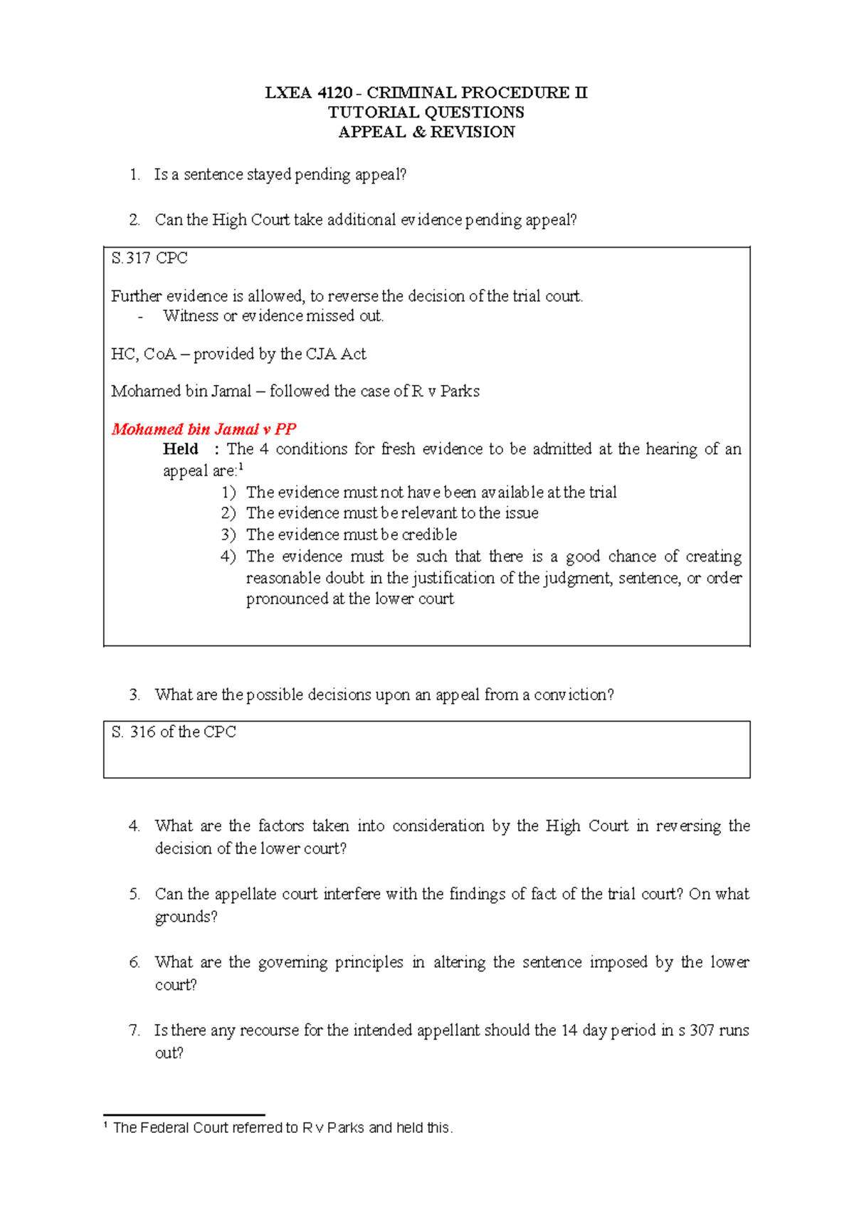 Tutorial 17 Qs - Appeal Revision - LXEA 4120 - CRIMINAL PROCEDURE II ...