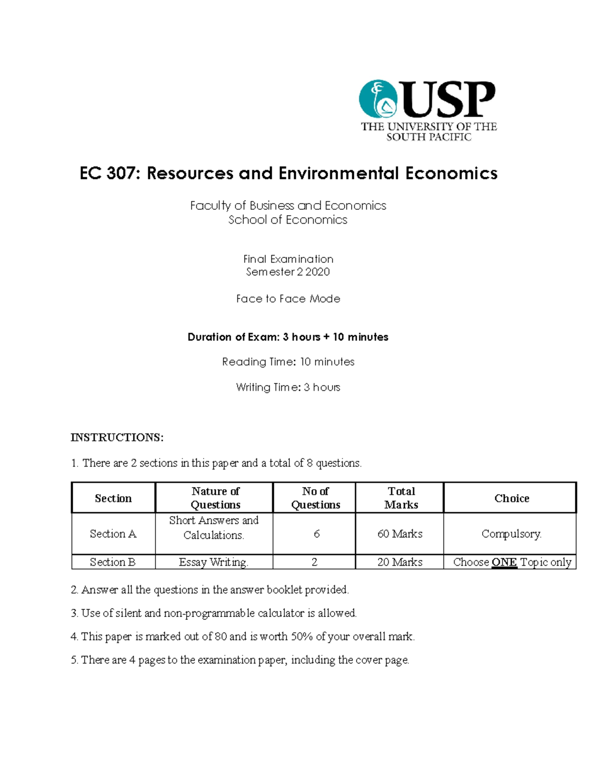 EC307 Exam - Final exam - EC 307 : Resources and Environmental ...
