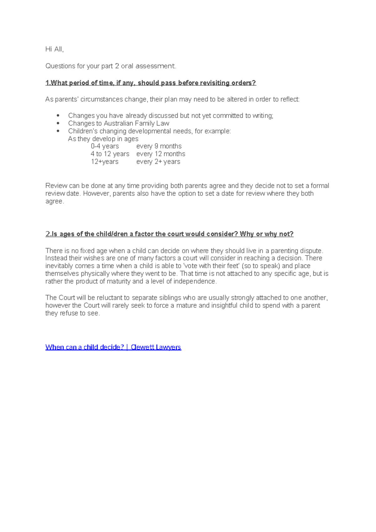 Oral Assessment 2 Questions - Hi All, Questions for your part 2 oral ...