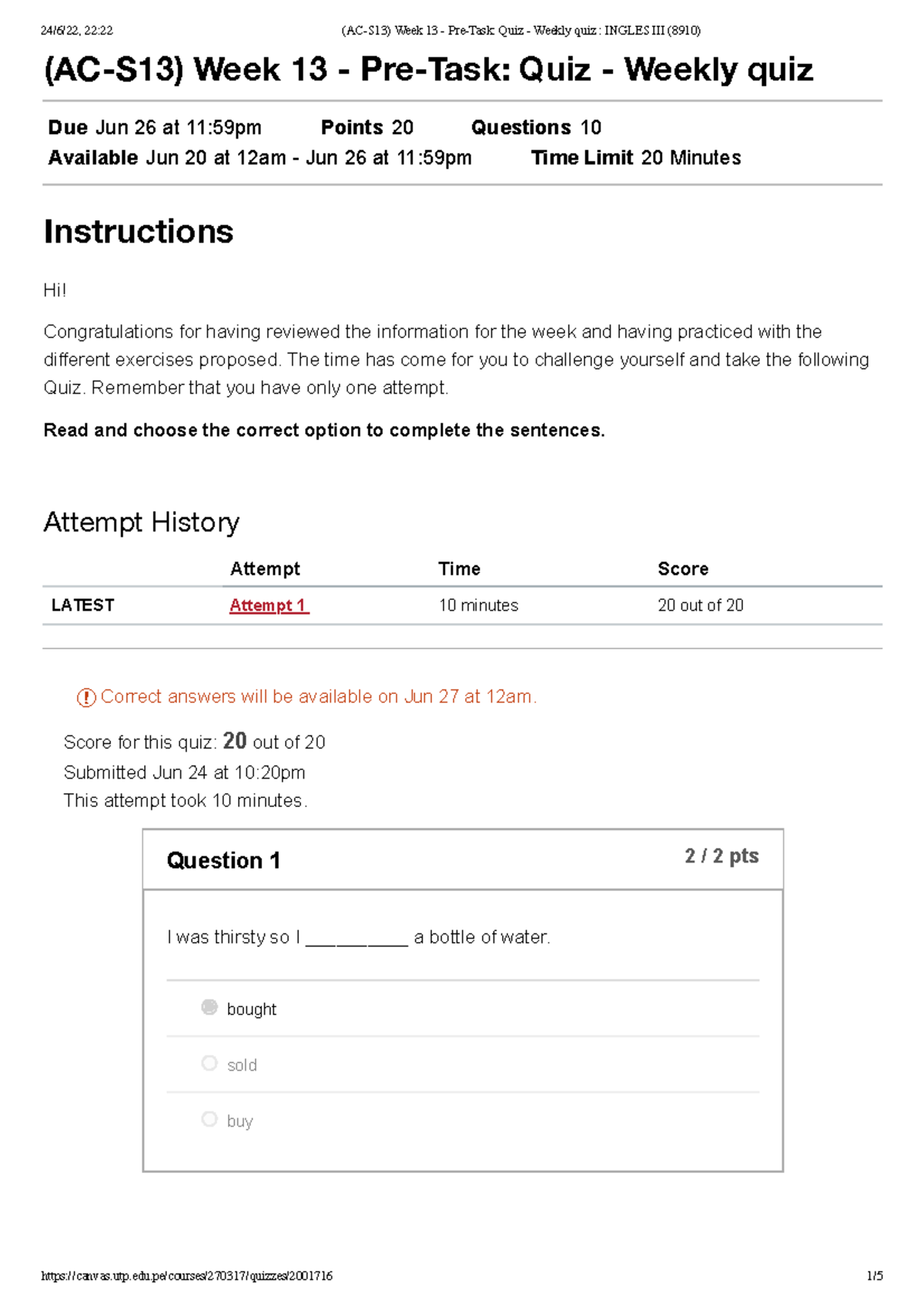 (AC-S13) Week 13 - Pre-Task Quiz - Weekly quiz Ingles III - (AC-S13 ...