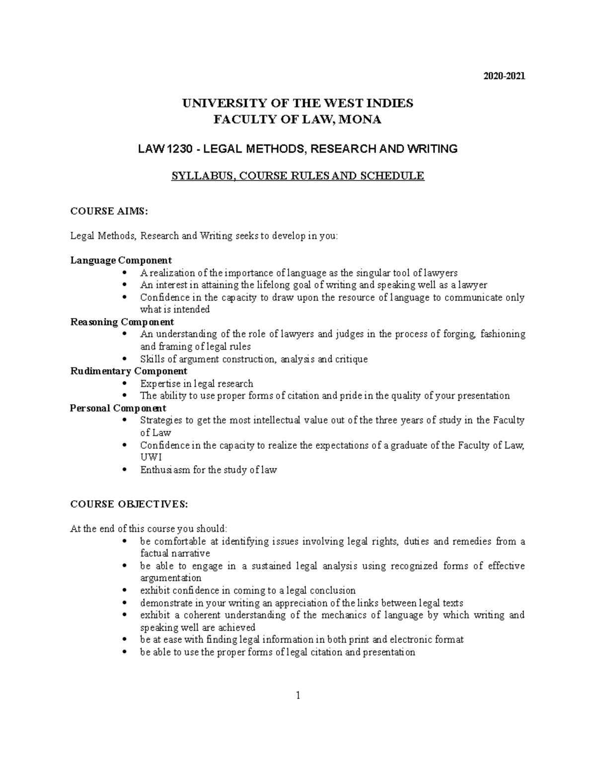 LMRW - Course Outline and Schedule 2020-2021 - 2020- UNIVERSITY OF THE ...