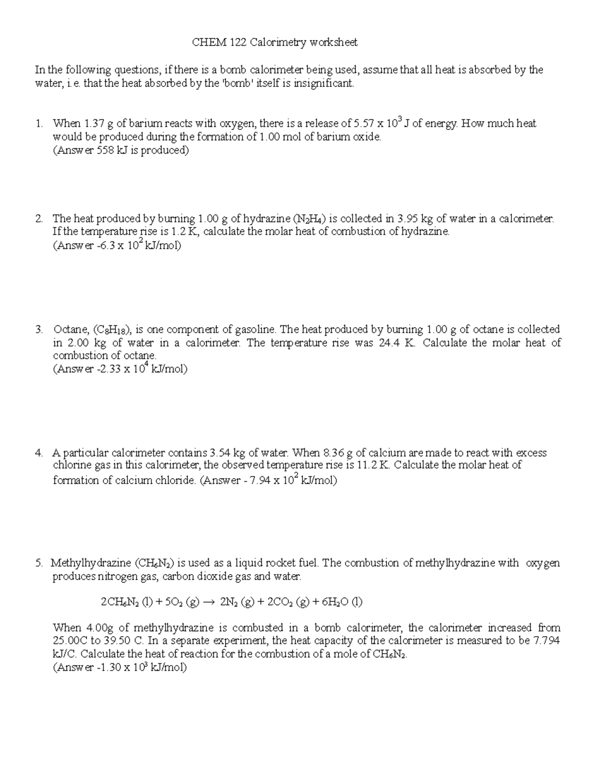 Calorimetry worksheet w ans 2019 - CHEM 122 Calorimetry worksheet In ...