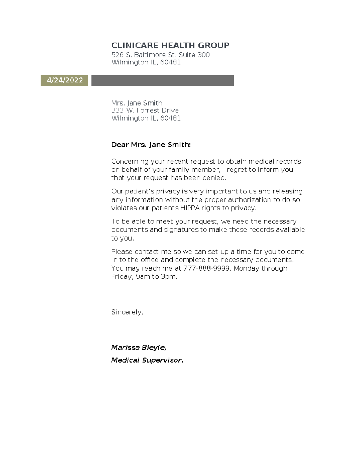 Denial letter to employee - CLINICARE HEALTH GROUP 526 S. Baltimore St ...