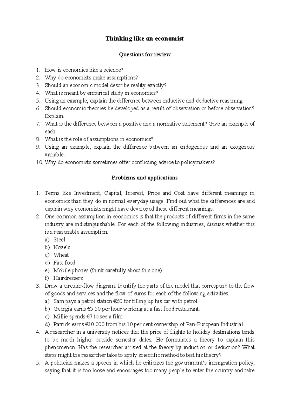 2. Thinking like an economist - Thinking like an economist Questions ...