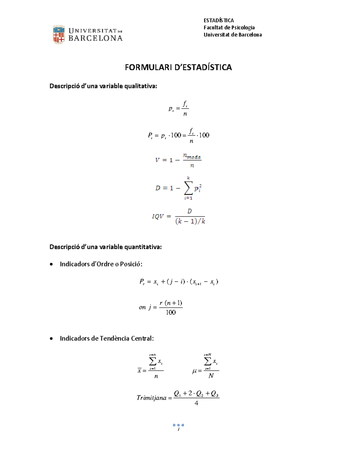 Formulas estadistica psicologia - Facultat de Psicologia Universitat de ...