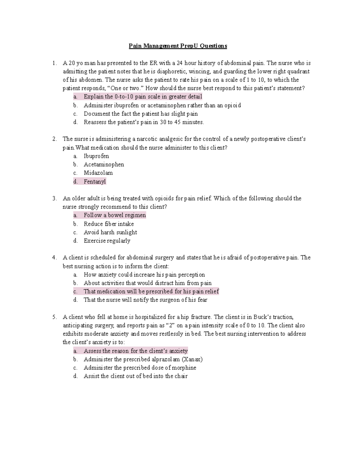 Pain Management Prep U - PrepU - Pain Management PrepU Questions A 20 ...