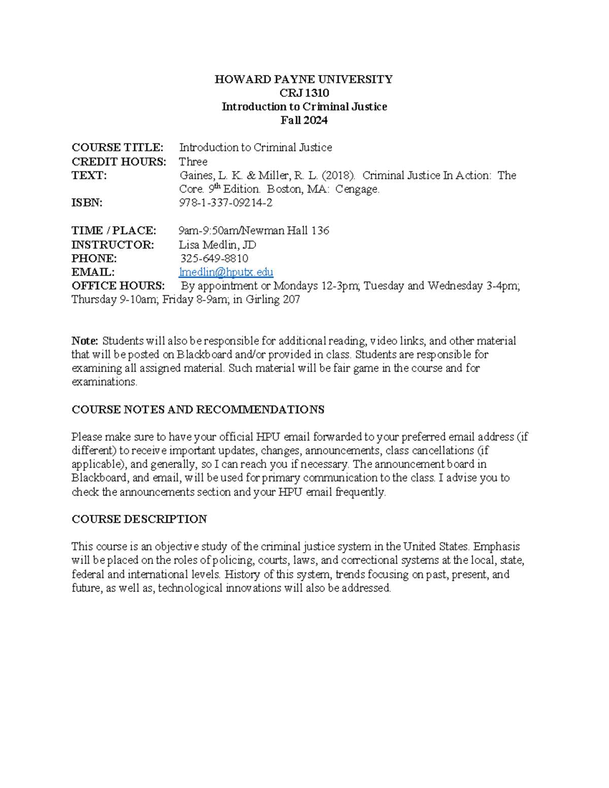 Intro to CJ Syllabus FL 2024 - HOWARD PAYNE UNIVERSITY CRJ 1310 ...