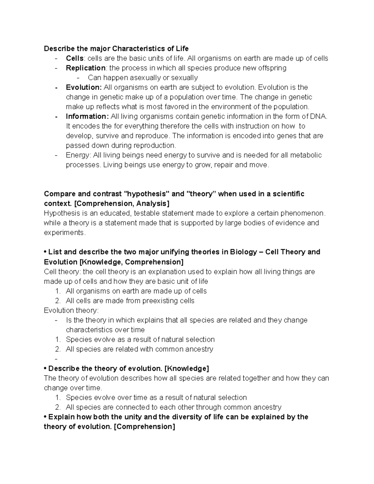 Learning outcomes 1 - Describe the major Characteristics of Life ...