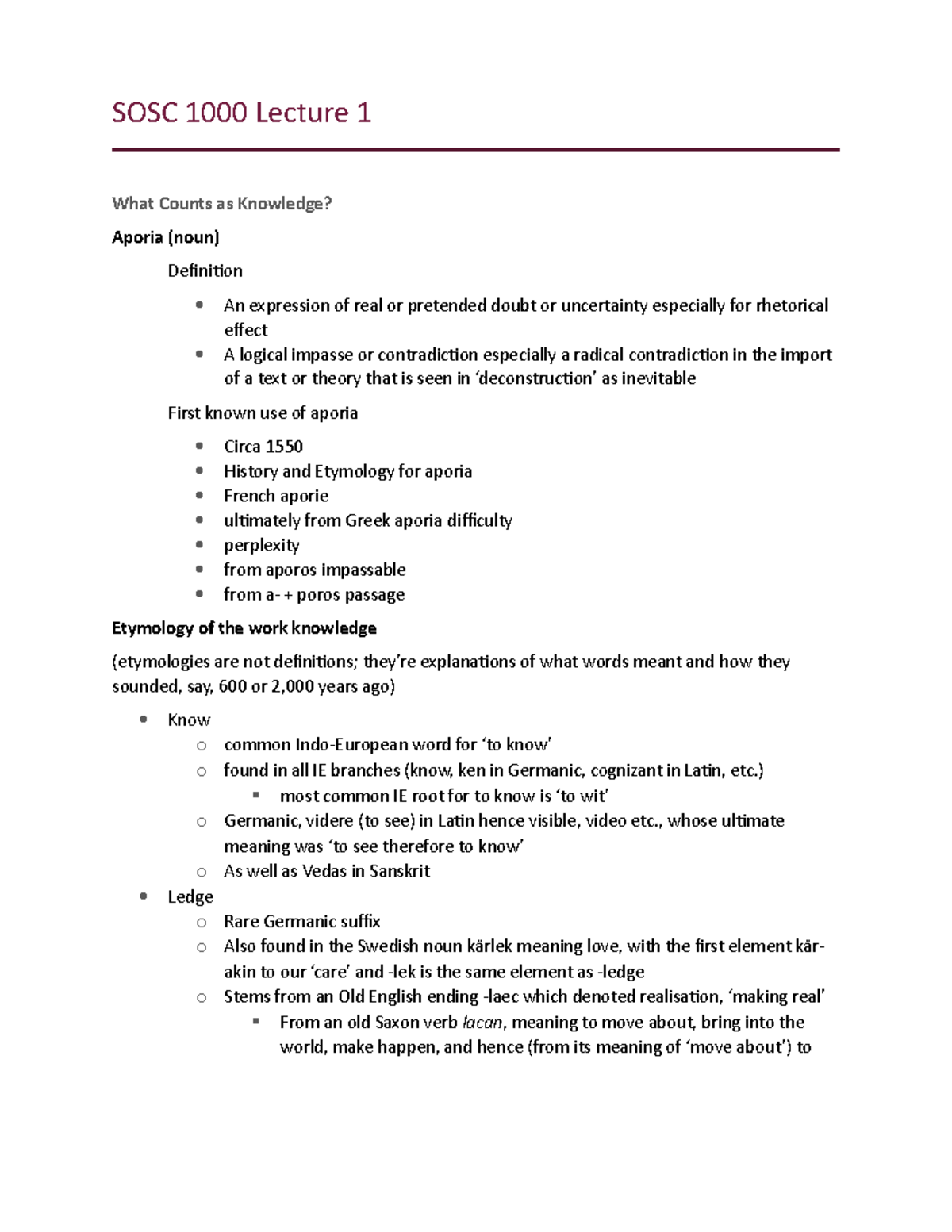 SOSC 1000 Lecture 1 - sosc 1000 - SOSC 1000 Lecture 1 What Counts as Knowledge? Aporia (noun ...