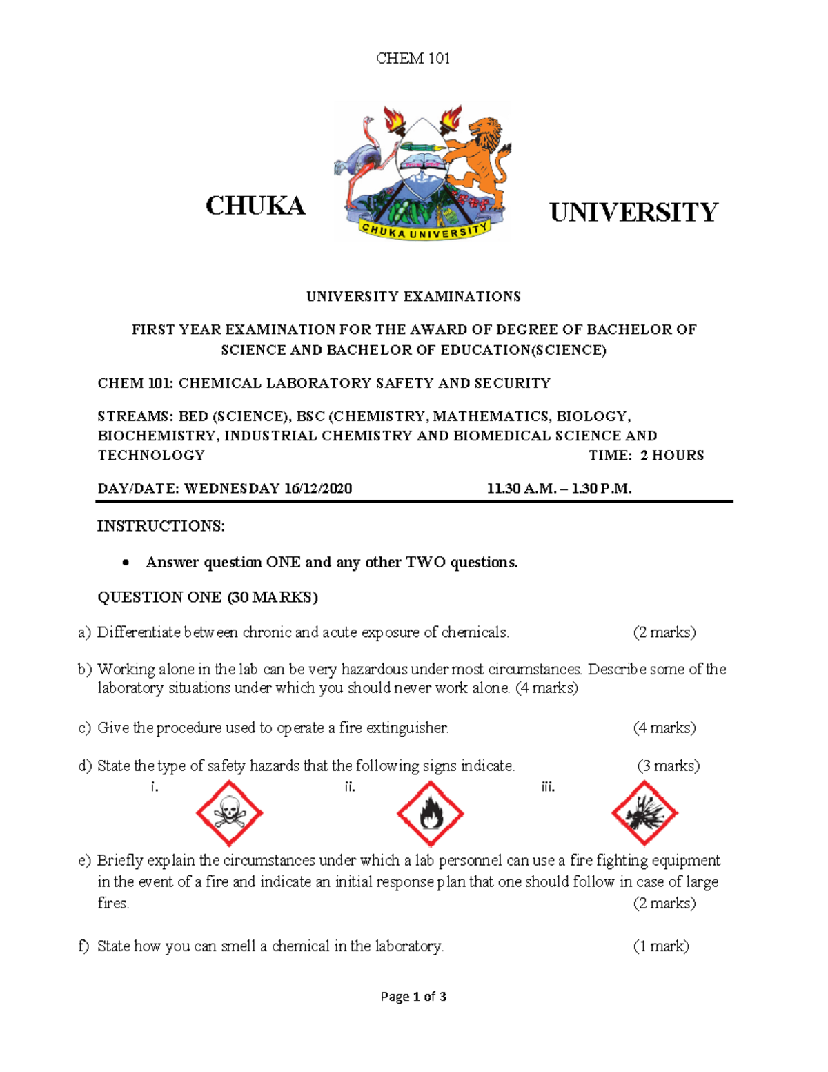 Chem 101 exam 2020 - pursue in exams - CHUKA UNIVERSITY EXAMINATIONS ...