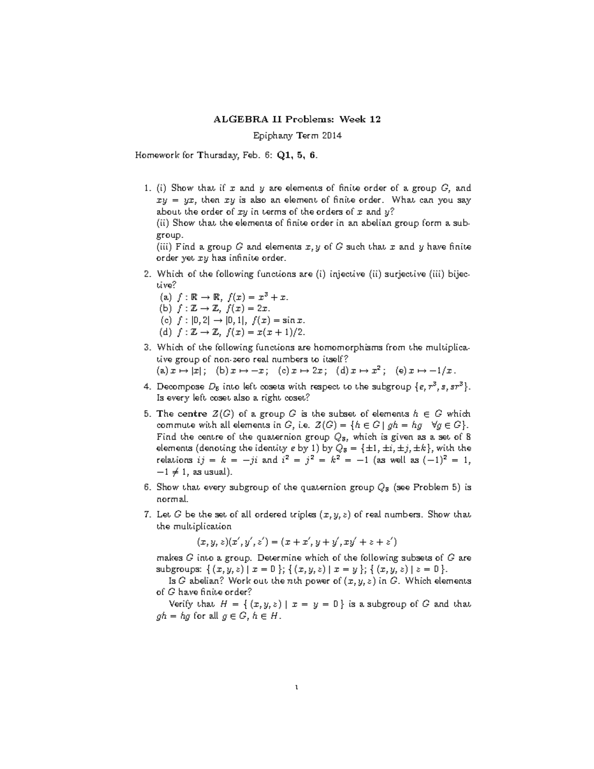 MATH2581 2013-2014 Assignment 2 - ALGEBRA II Problems: Week 12 Epiphany ...