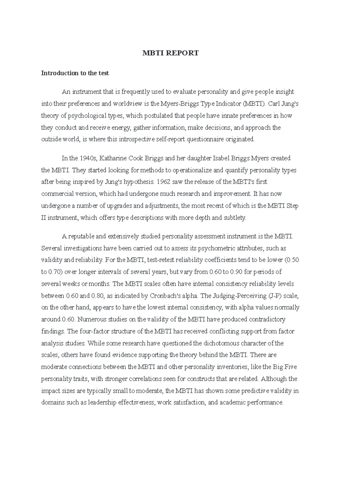MBTI Report - MBTI REPORT Introduction to the test An instrument that ...