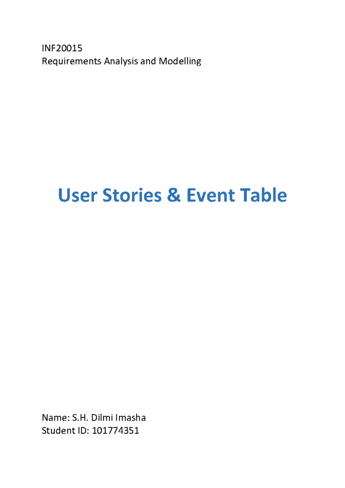User Stories & Event table - INF20015 Requirements Analysis and ...