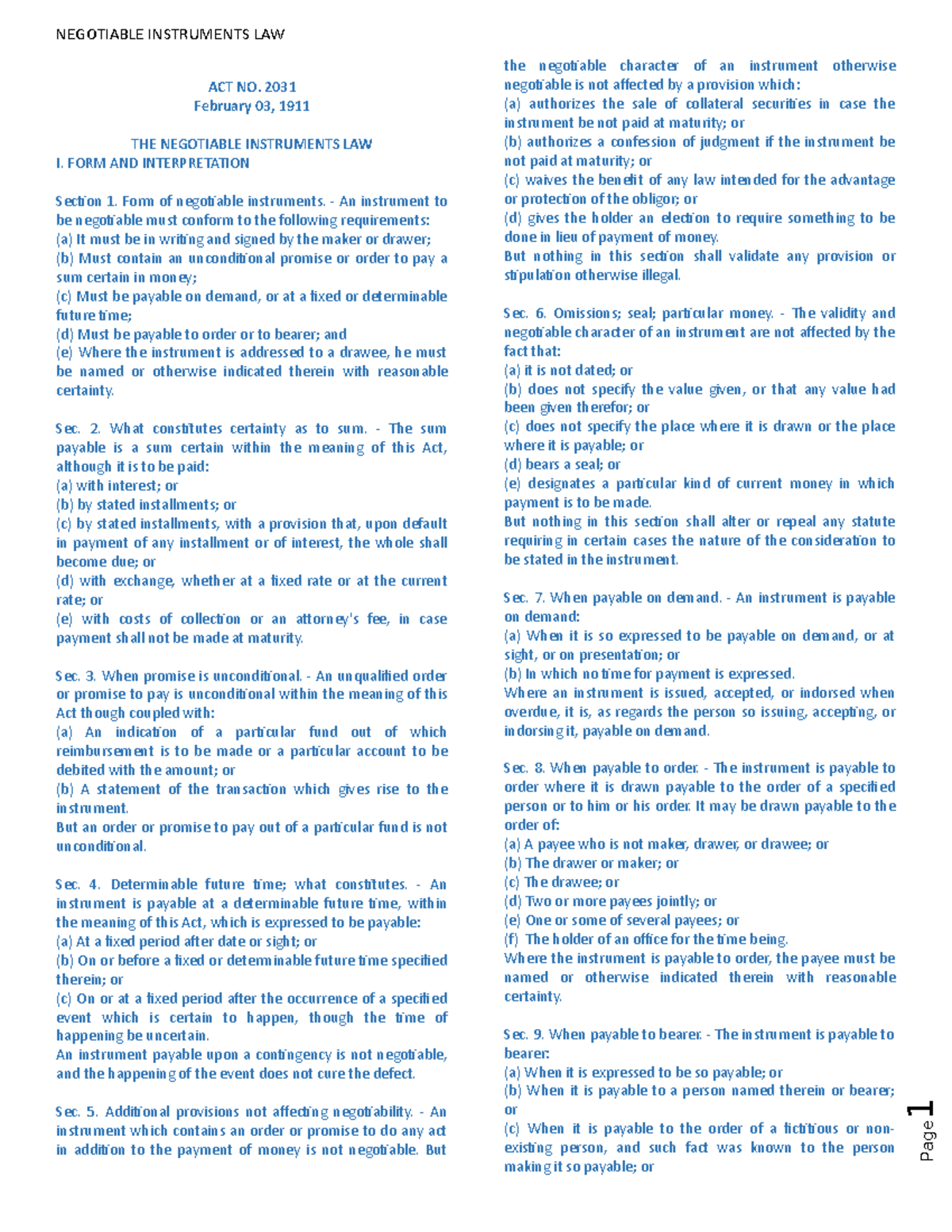 Law on Negotiable Instruments Codal - ACT NO. 2031 February 03, 1911 ...