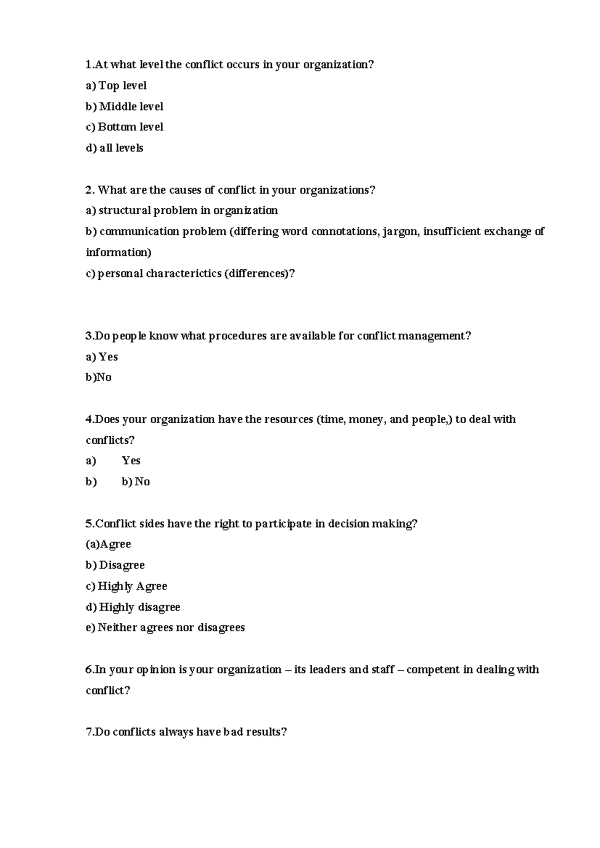 Questions for conflict management - Javid - 1 what level the conflict ...