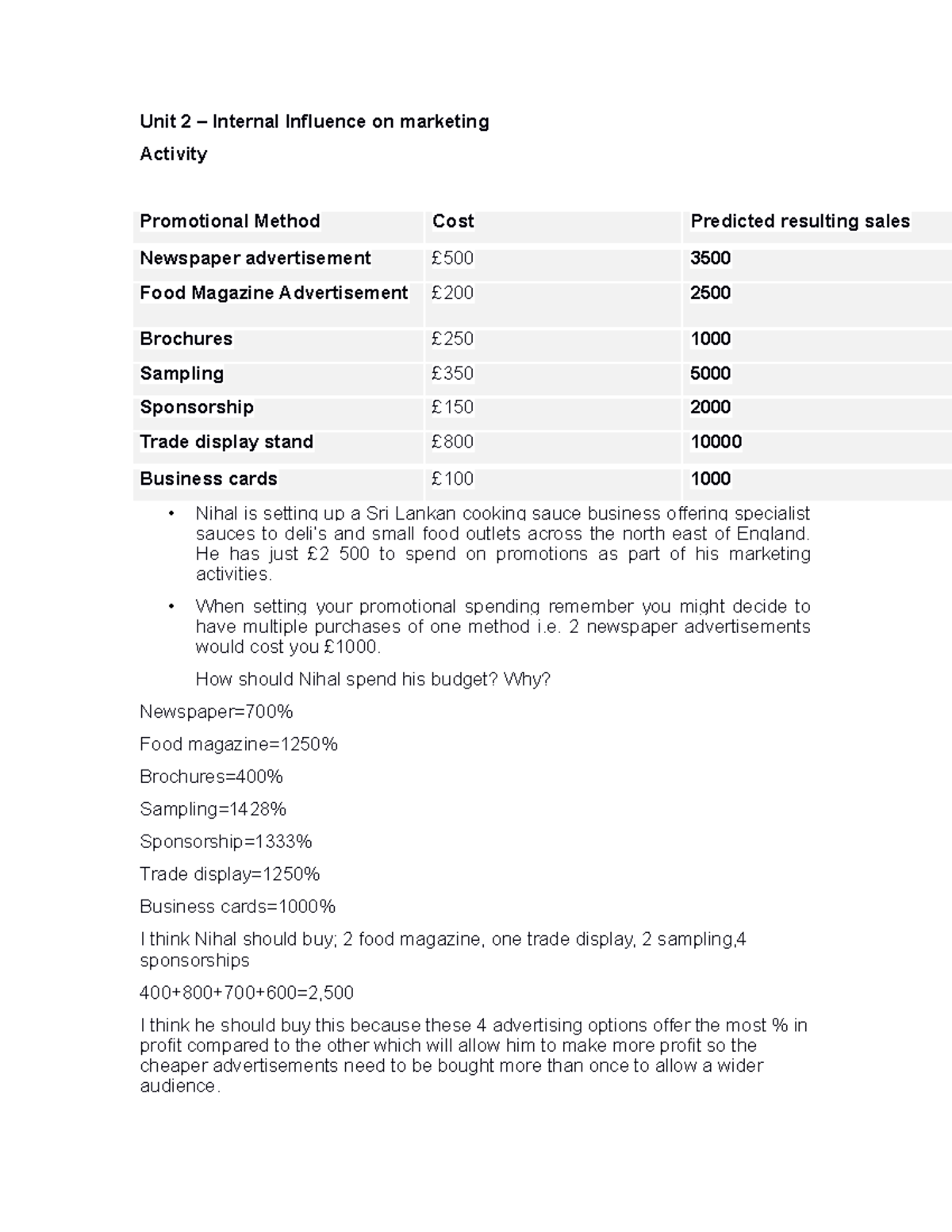 Unit 2 – Internal Influence on marketing Nihal - Unit 2 – Internal ...