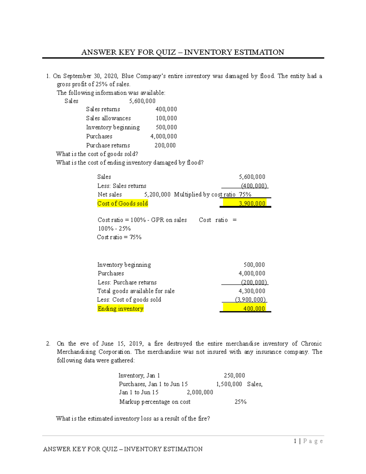 Inventory Estimation - Lecture notes - ANSWER KEY FOR QUIZ – INVENTORY ...
