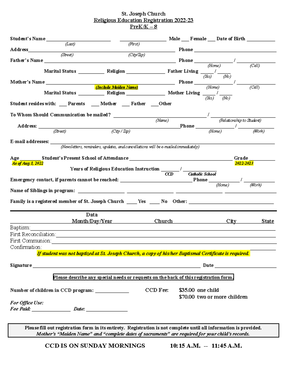 CCD- Registration 2022-23 - St. Joseph Church Religious Education ...