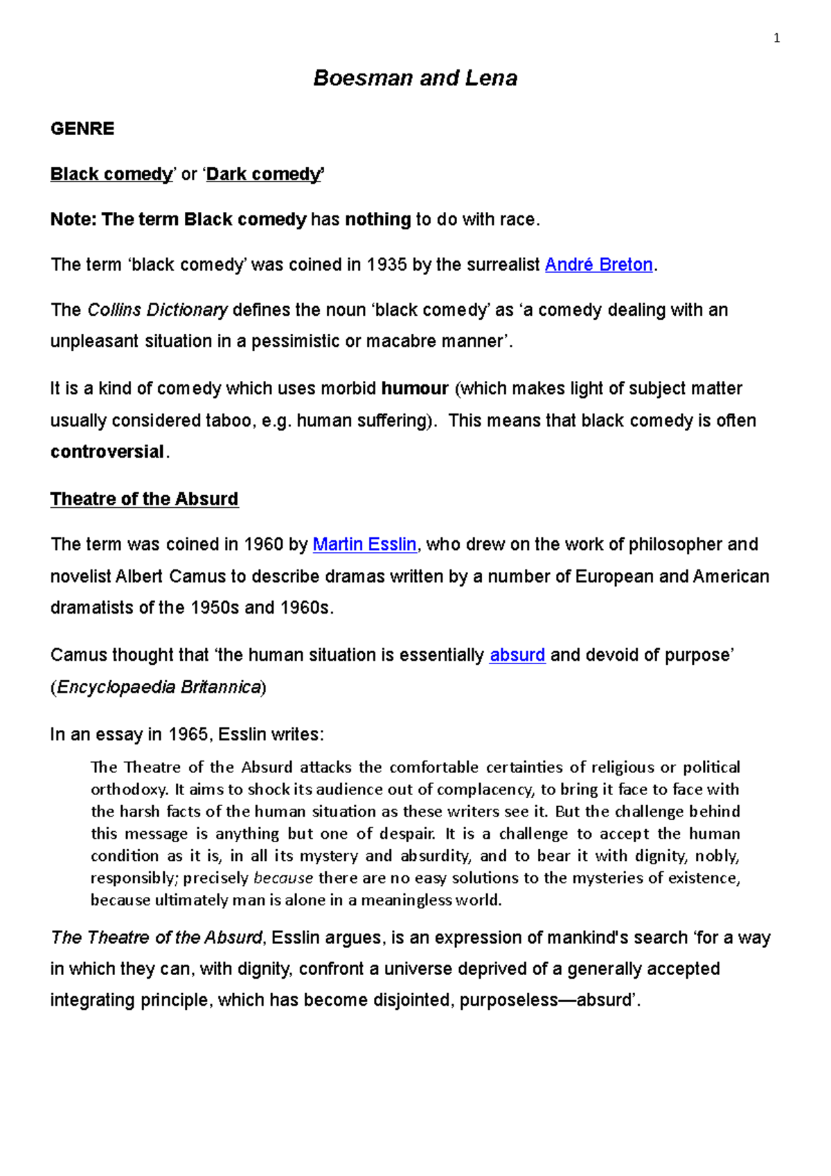 Boesman and Lena - Key Terms Definitions - 1 Boesman and Lena GENRE ...