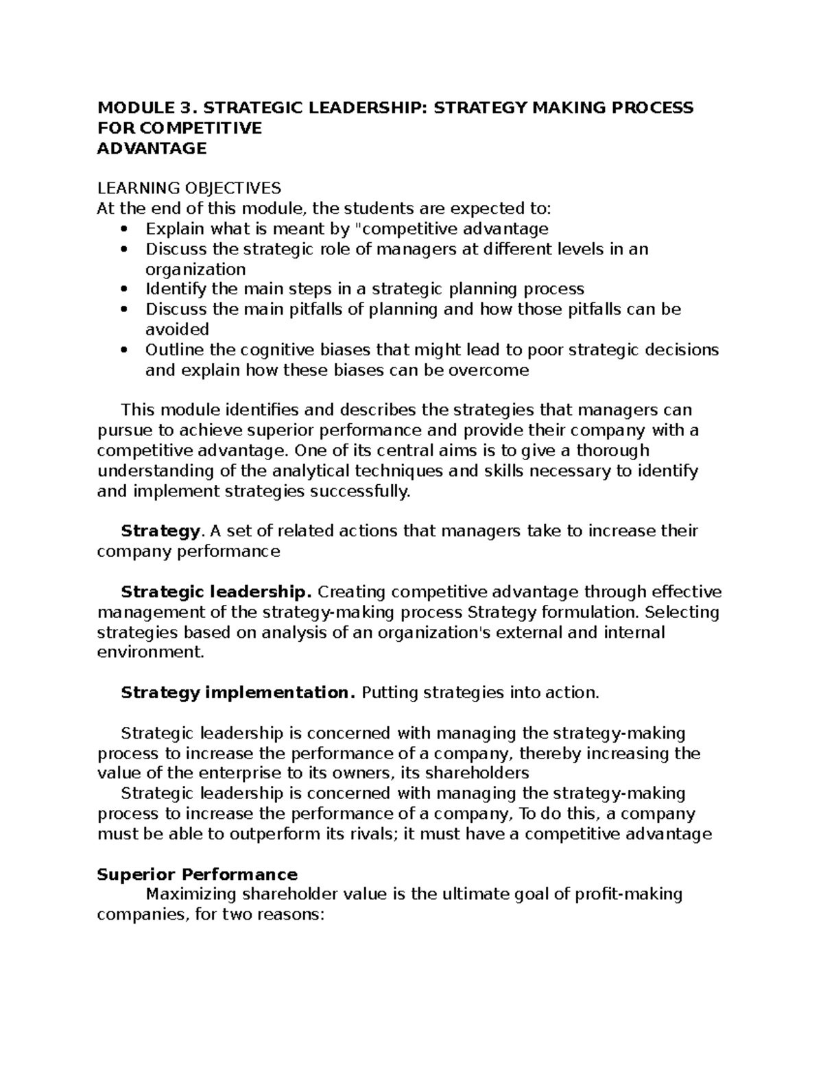 Module-3 - Easy - MODULE 3. STRATEGIC LEADERSHIP: STRATEGY MAKING ...