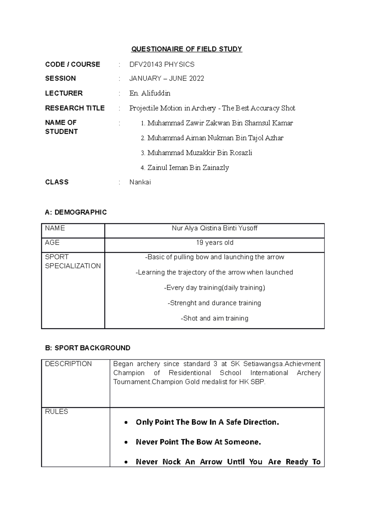 Field study math matrix for solving a problem - QUESTIONAIRE OF FIELD ...