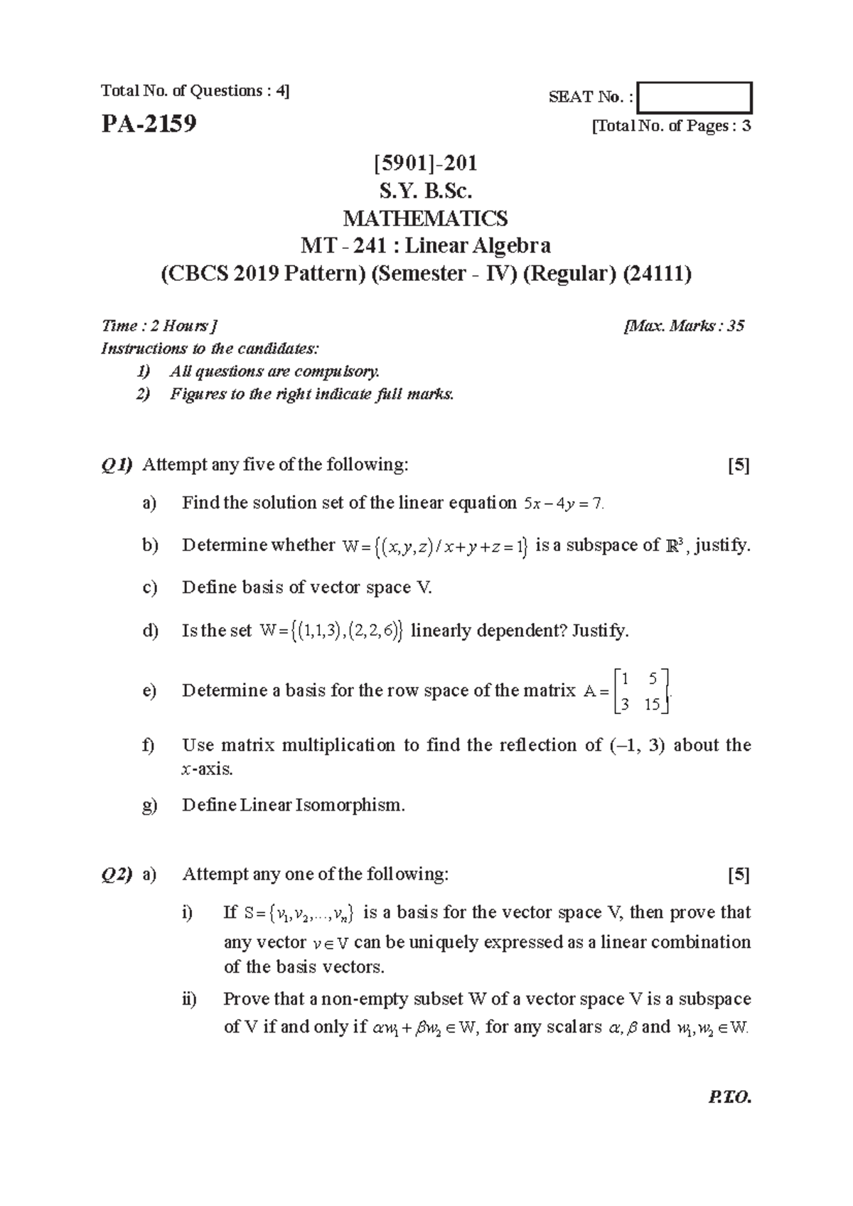 S.Y.B.SC ( SEM. - IV ) 2019 Patternnotes - Total No. of Questions : 4 ...