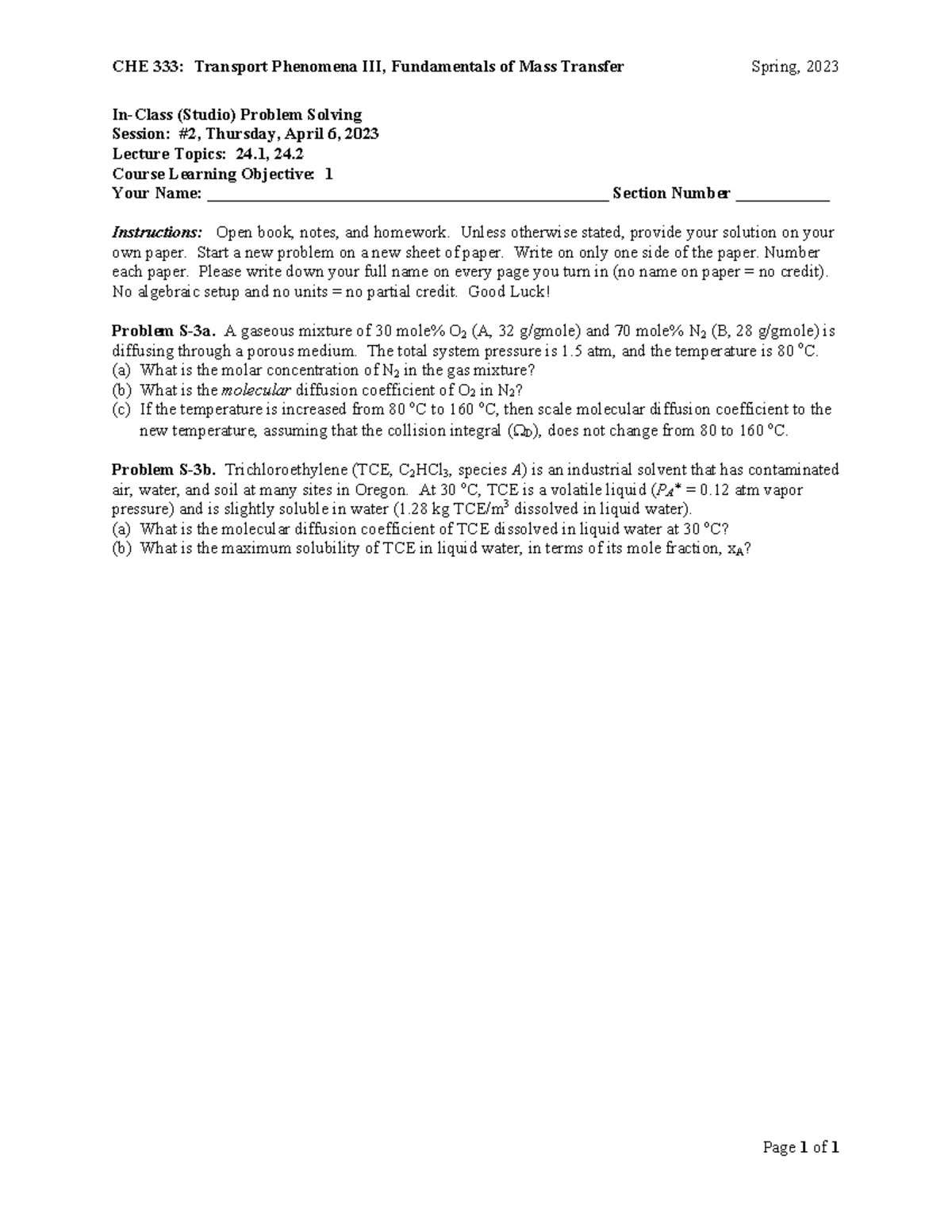CHE 333 Studio #2 Problems 4-6-23 - CHE 333: Transport Phenomena III, Fundamentals of Mass ...
