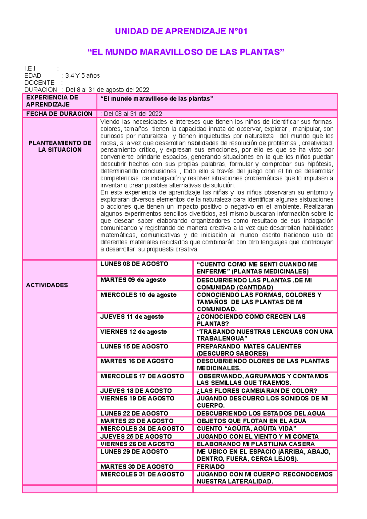 Agosto Unidad Y Sesiones - UNIDAD DE APRENDIZAJE N° “EL MUNDO ...