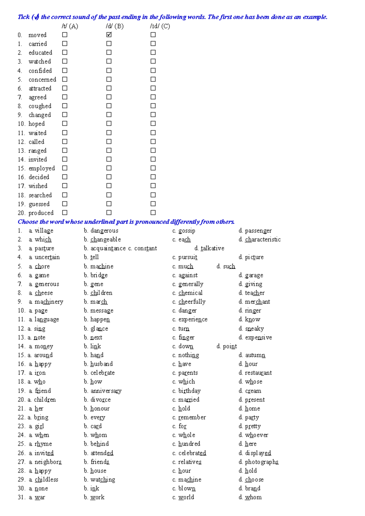 Phonetics + Verbform - Tiếng Anh cơ bản 2 - Tick ( ) the correct sound ...