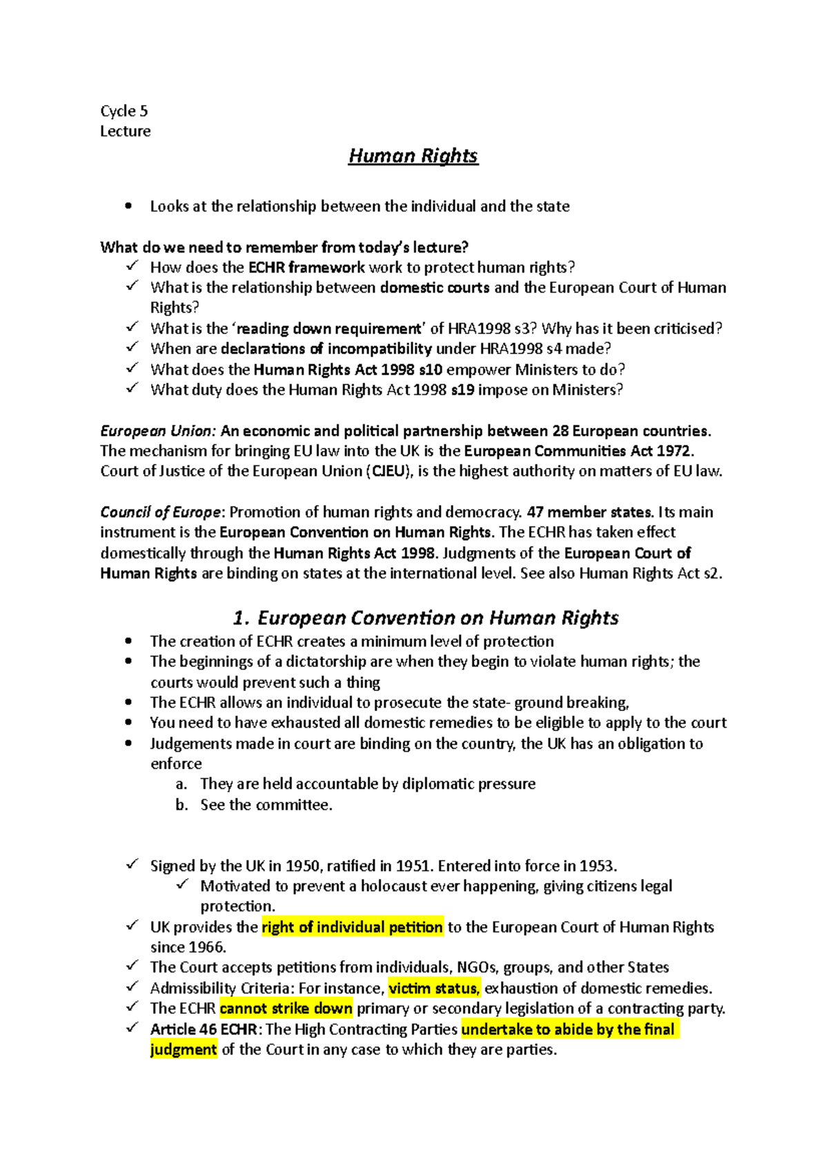 Cycle 5- lecture - notes - Cycle 5 Lecture Human Rights Looks at the ...