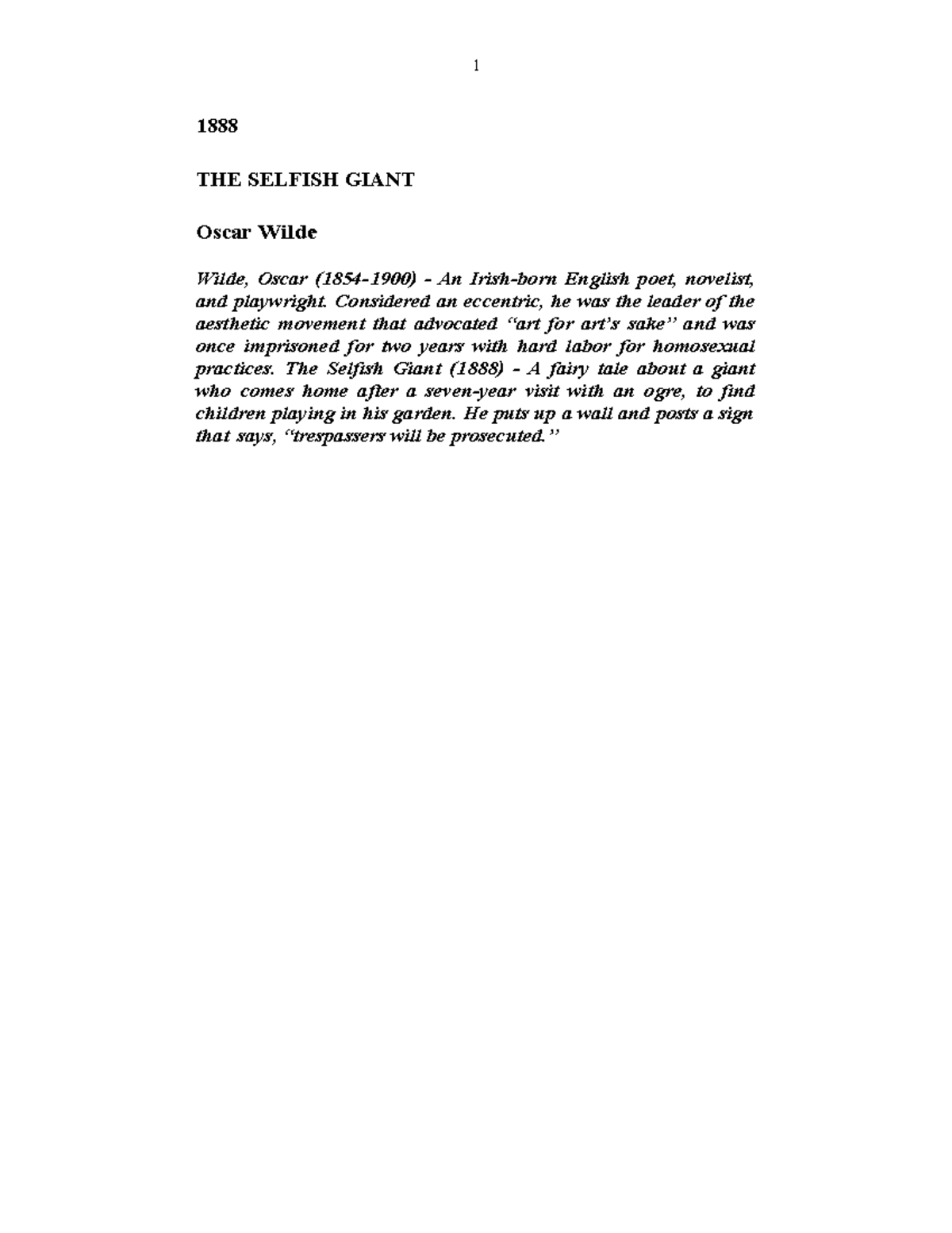 Giant - 1888 THE SELFISH GIANT Oscar Wilde Wilde, Oscar (1854-1900 ...