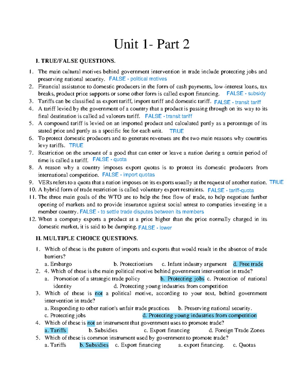 Unit 1 Part 2 Exercises to sts Done - Unit 1- Part 2 I. TRUE/FALSE QUESTIONS. The main cultural ...