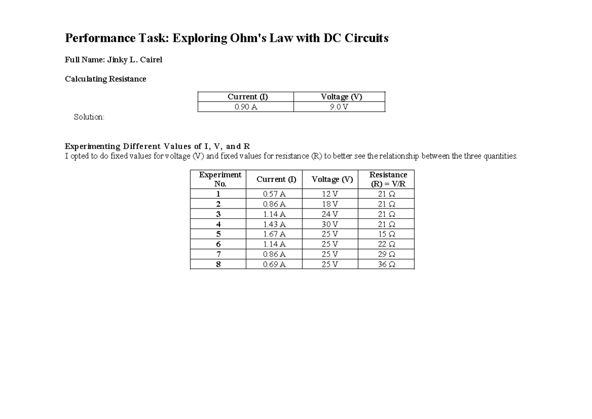 Activity Sheet DC Circuit - Performance Task: Exploring Ohm's Law with ...