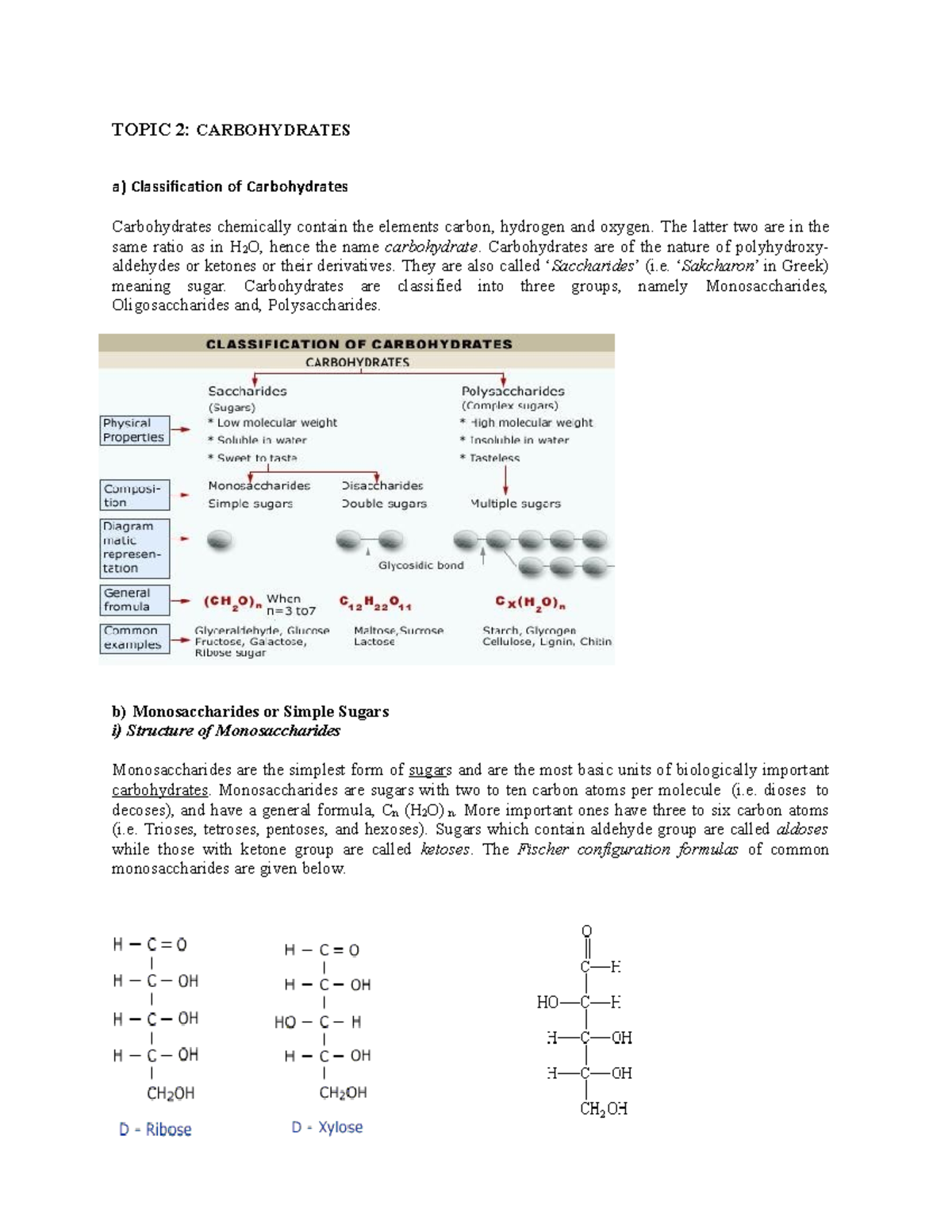 Carbohydrates - TOPIC 2: CARBOHYDRATES a) Classification of ...