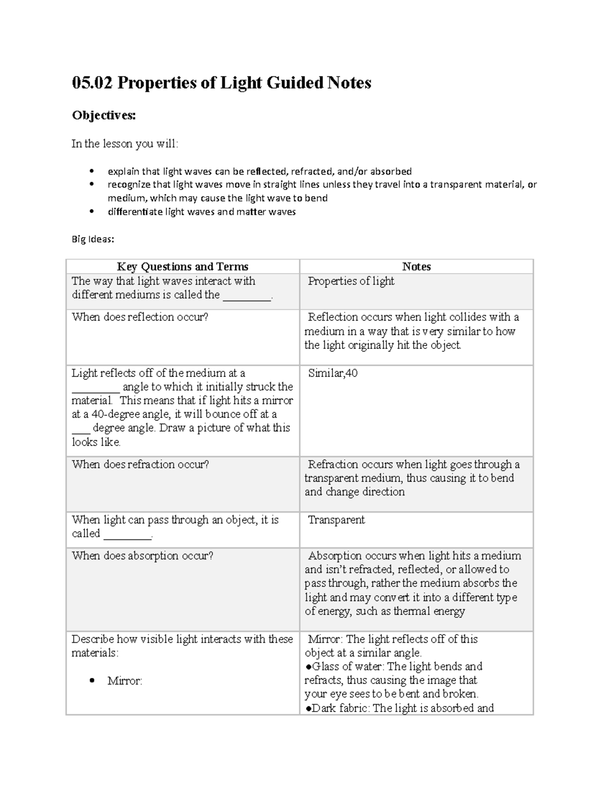 05 02 notes - 05 Properties of Light Guided Notes Objectives: In the ...