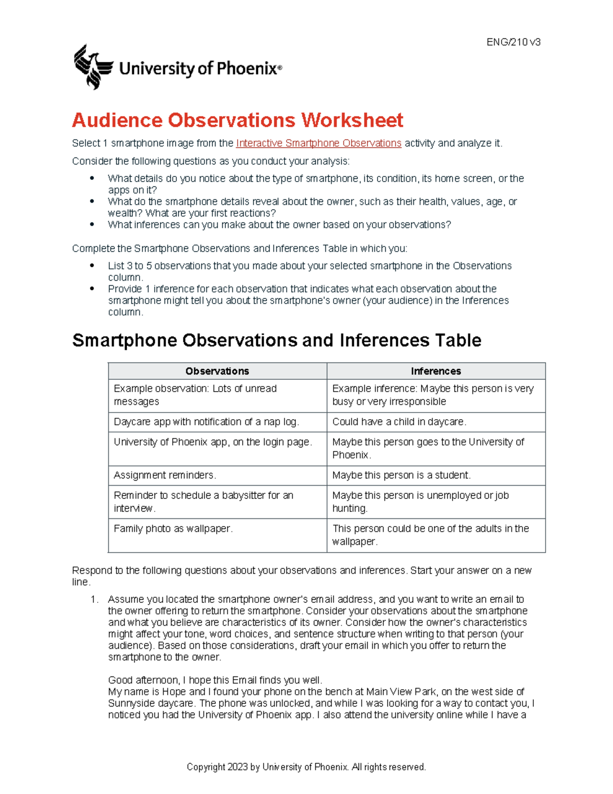 Week 1 assignment - ENG/210 v Audience Observations Worksheet Select 1 ...