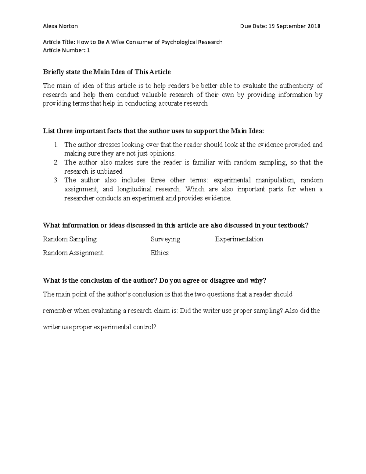 Psychology Article one - Alexa Norton Due Date: 19 September 2018 ...