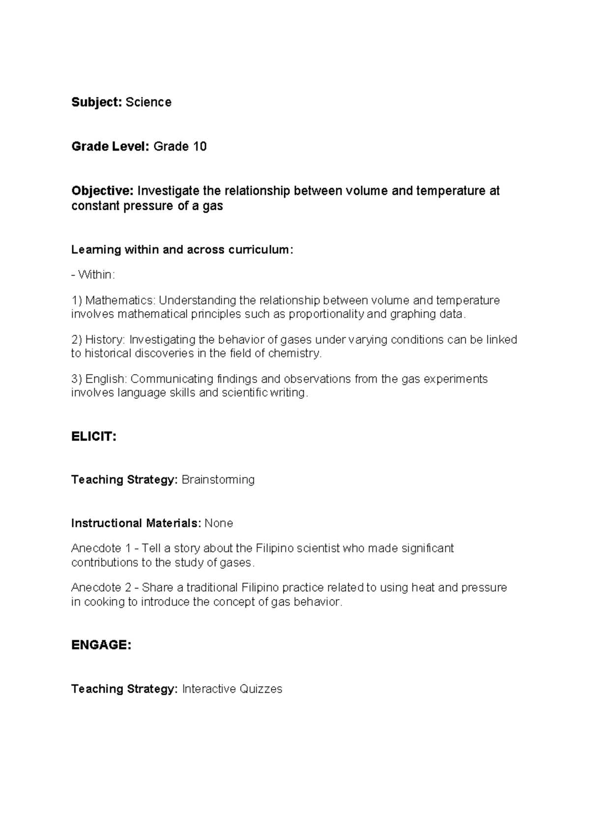 Science 10 Lesson Plan - Charles Law - Subject: Science Grade Level ...