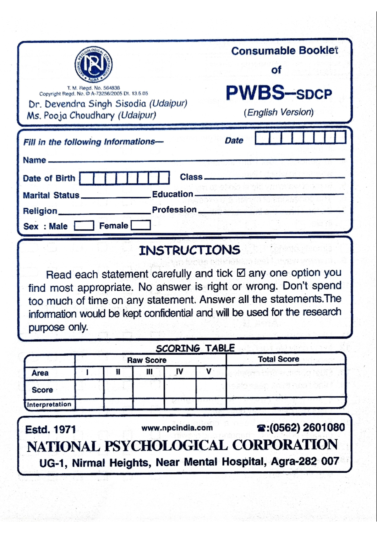 PWBS questionnaire - SYCHOLOGICAL Consumable Booklet UNIVERSITY of AGRA ...